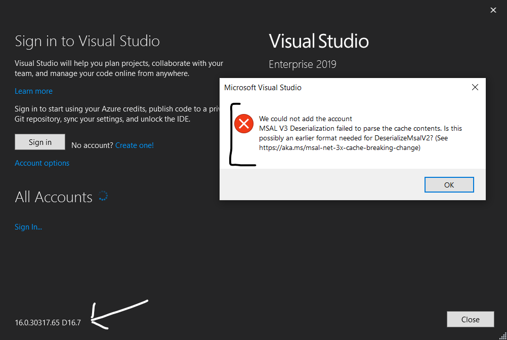 MSAL V3 Deserialization failed · Issue #2533 · github/VisualStudio · GitHub