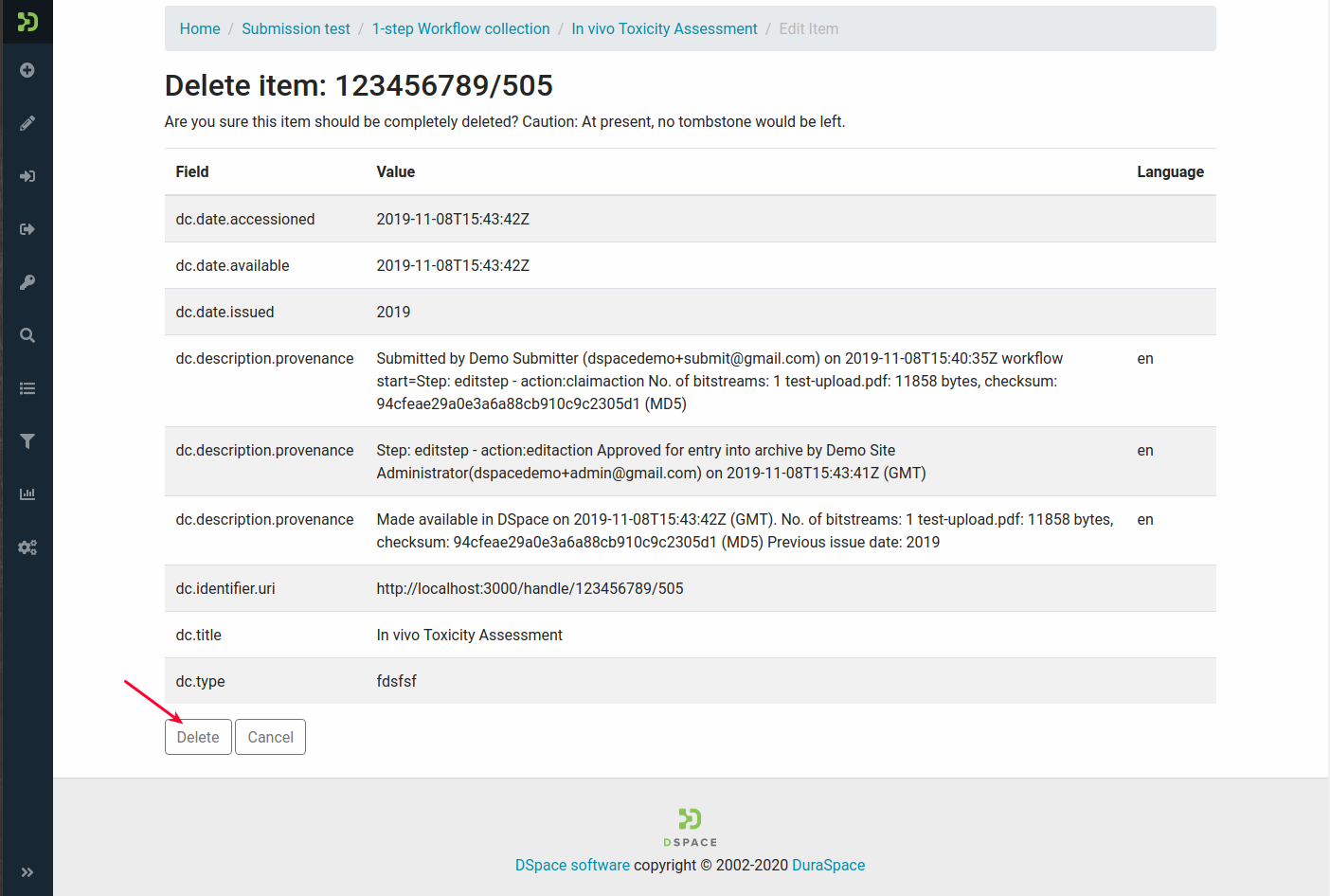 Delete of an item doesn't work · Issue #630 · DSpace/dspace-angular · GitHub