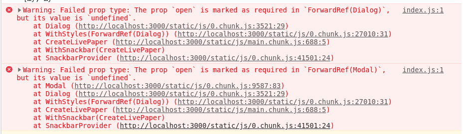 Failed prop type: The prop `open` is marked as required in `ForwardRef(Dialog)`, but its value ...