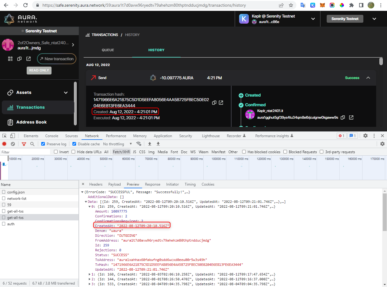 [Aura-Safe][Multisig Tx] Display "Created" time value incorrectly at Transaction history · Issue ...