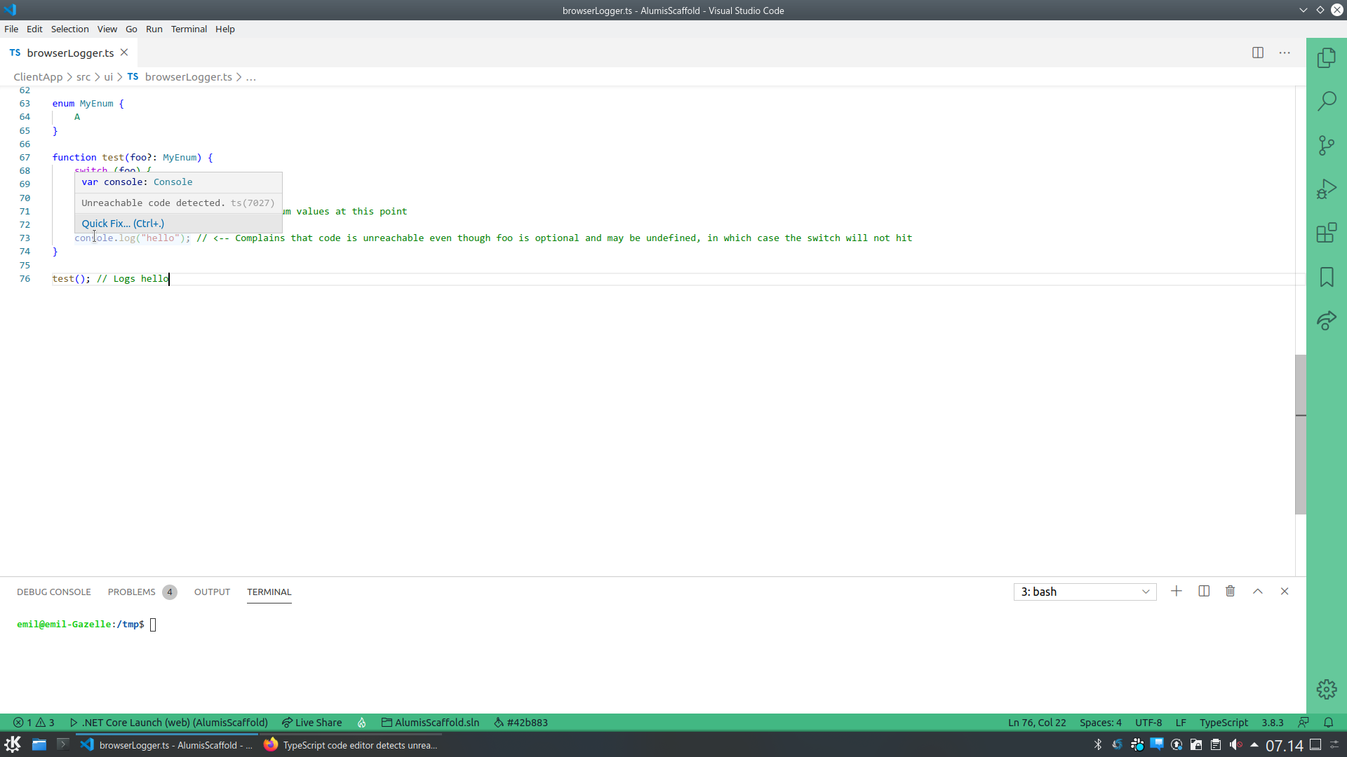 TypeScript code editor detects unreachable code after switch statement ...