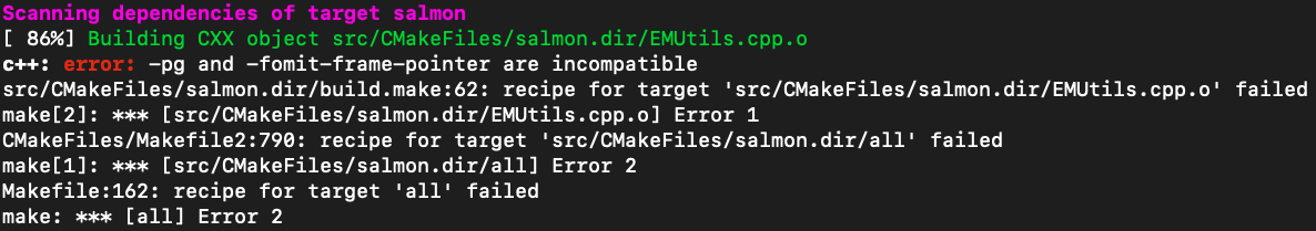 salmon v1.4.0 -DCMAKE_BUILD_TYPE=Debug produce compile error: -pg and -fomit-frame-pointer are ...