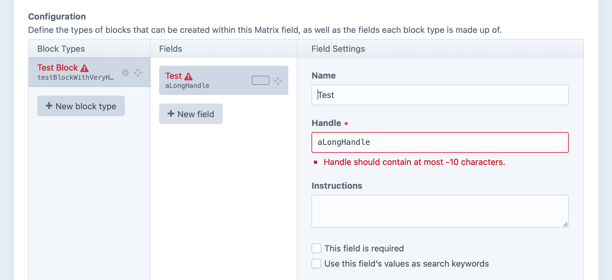 Matrix block field handle validation can require negative character limit · Issue #9636 ...