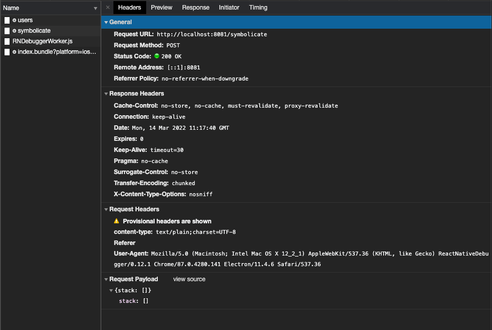 Sentry sends captured messages to http://localhost:8081/symbolicate and the messages don't ...