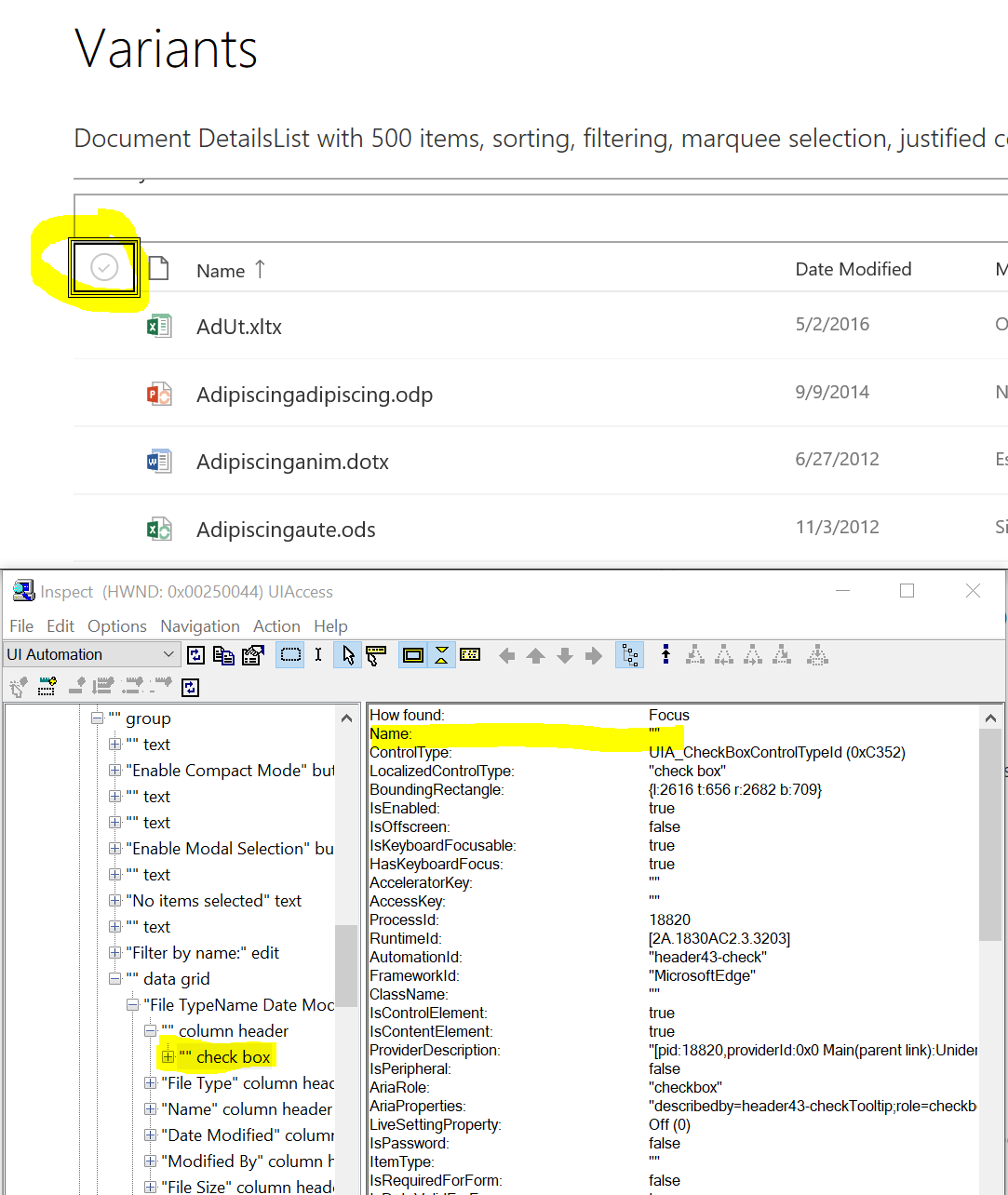 DetailsList check-all checkbox doesn't have a name property nor the option to add an aria-label ...