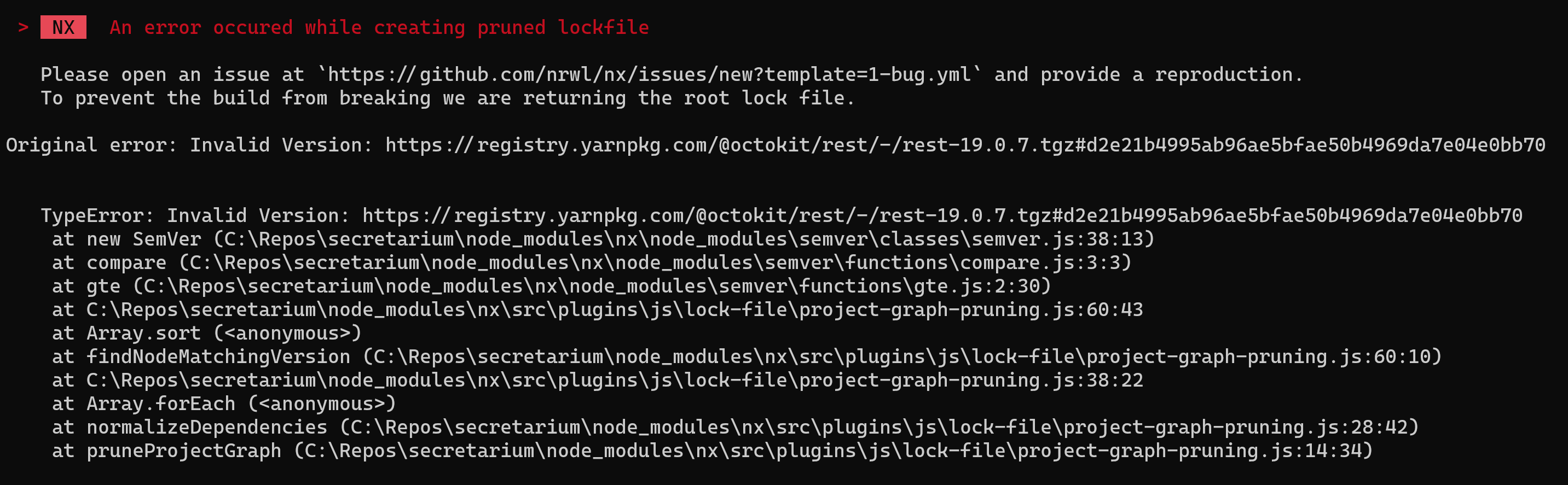 Invalid Version error while creating pruned lockfile · Issue #17026 · nrwl/nx · GitHub