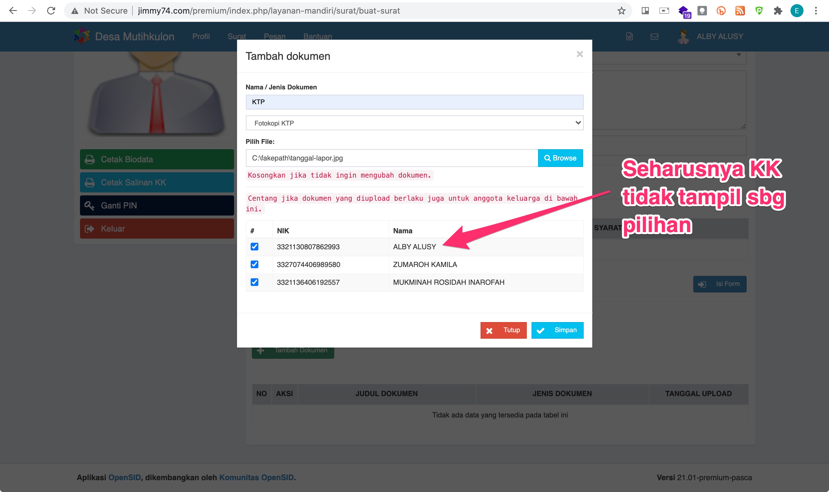 [Bug] Hapus kk dari daftar pilihan anggota keluarga untuk dibagi dokumen kelengkapan di layanan ...