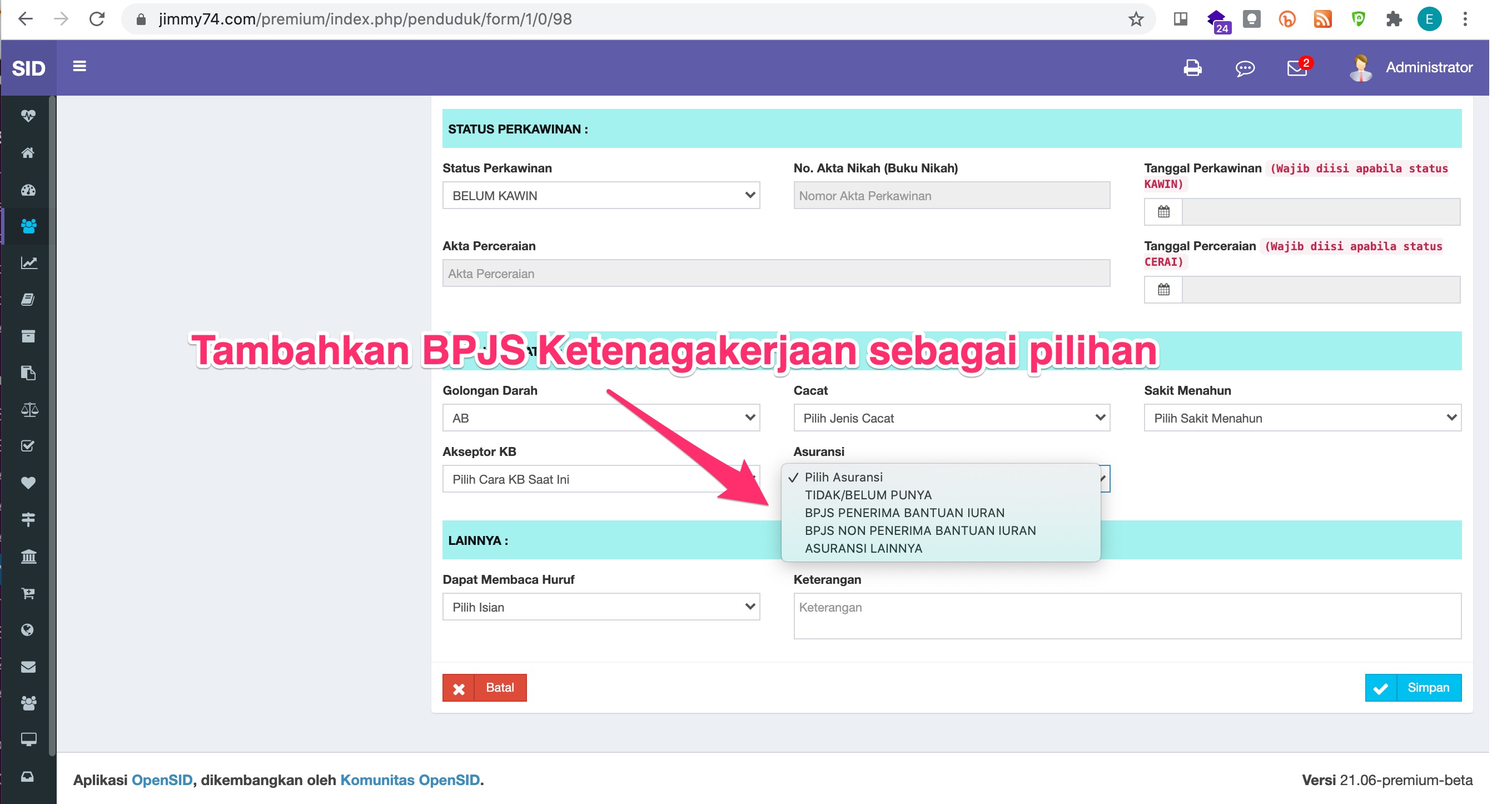 Penambahan Form Input Data BPJS Ketegakerjaan di Biodata Penduduk ...
