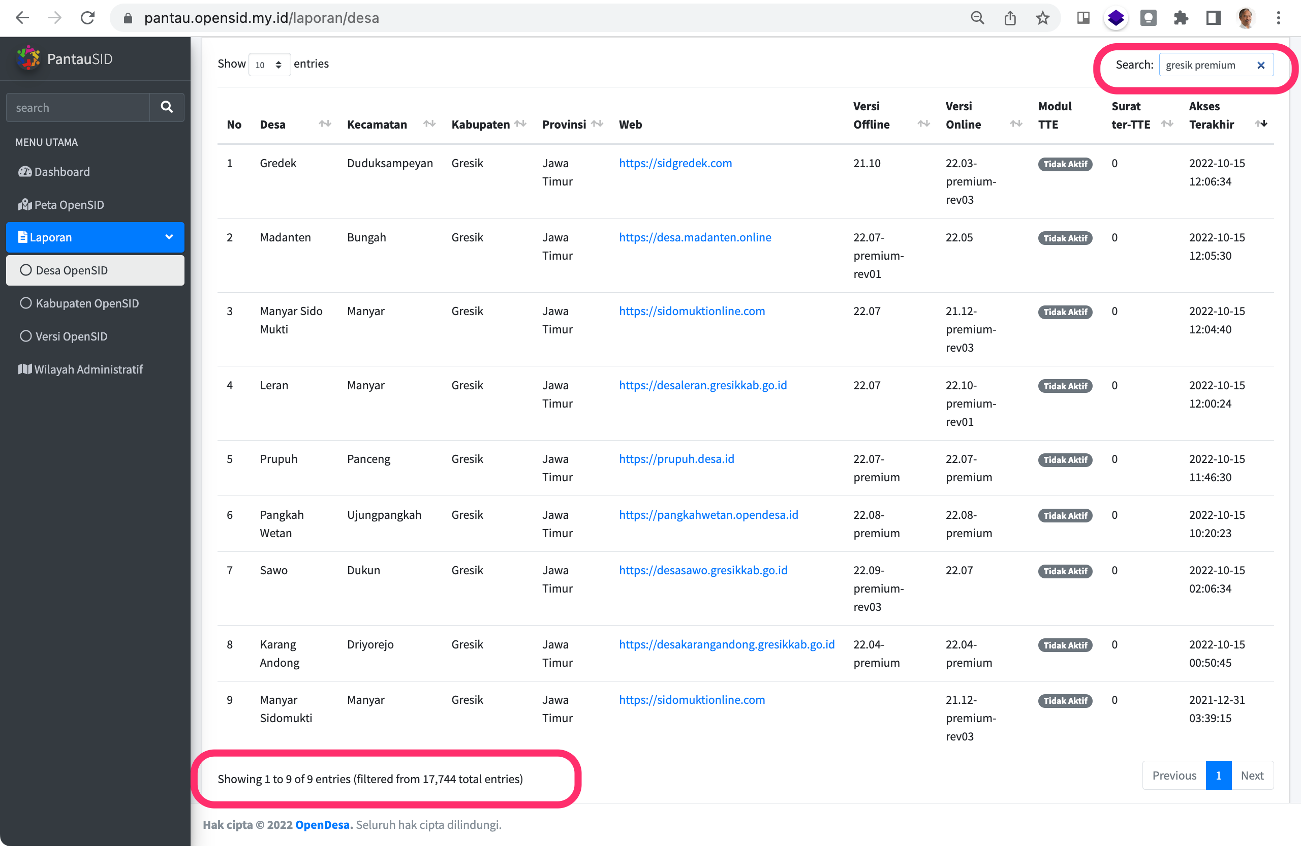 Ketika mengubah nama desa di daftar wilayah, pastikan jejak akses desa terkait juga ikut terubah ...