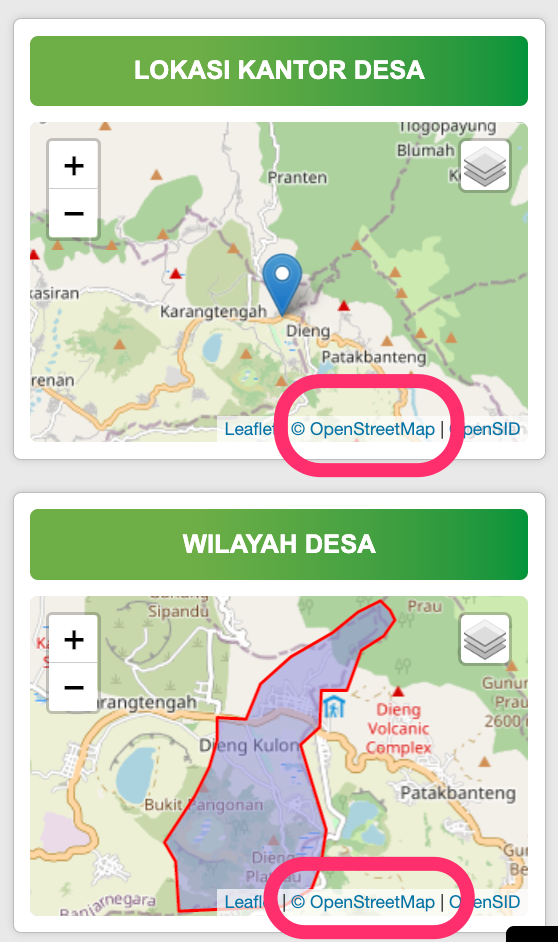 Di peta lokasi/wilayah desa, sediakan tautan bisa buka lokasi di peta OpenStreetMap atau Google ...
