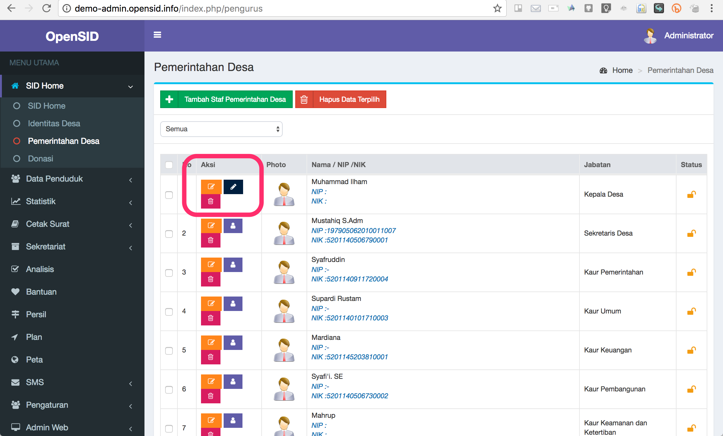 [tampilan-admin] Di SID Home > Pemerintahan Desa kolom Aksi tidak perlu ...