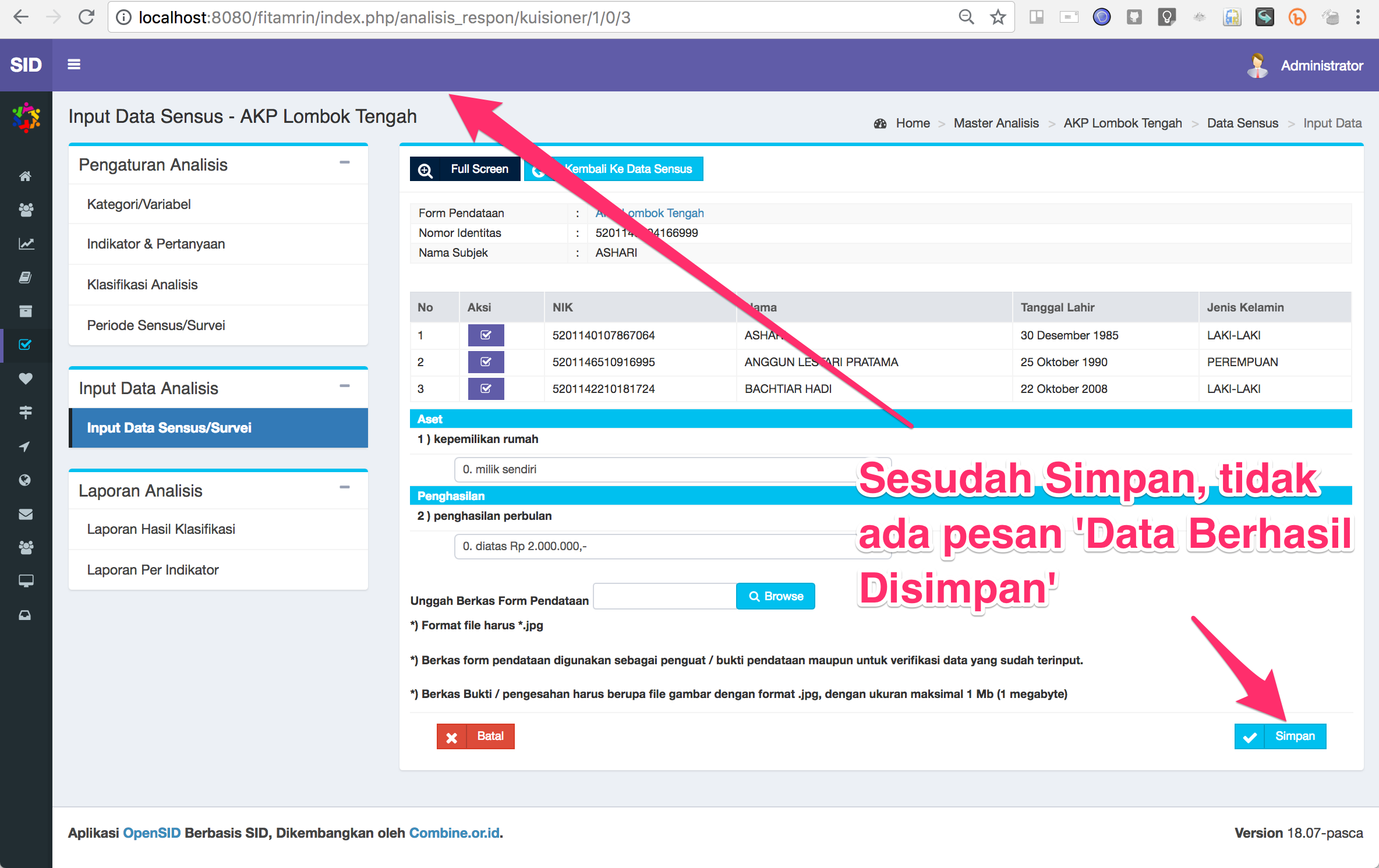 [tampilan-admin] Tidak ada pesan sesudah simpan data input sensus analisis · Issue #1436 ...