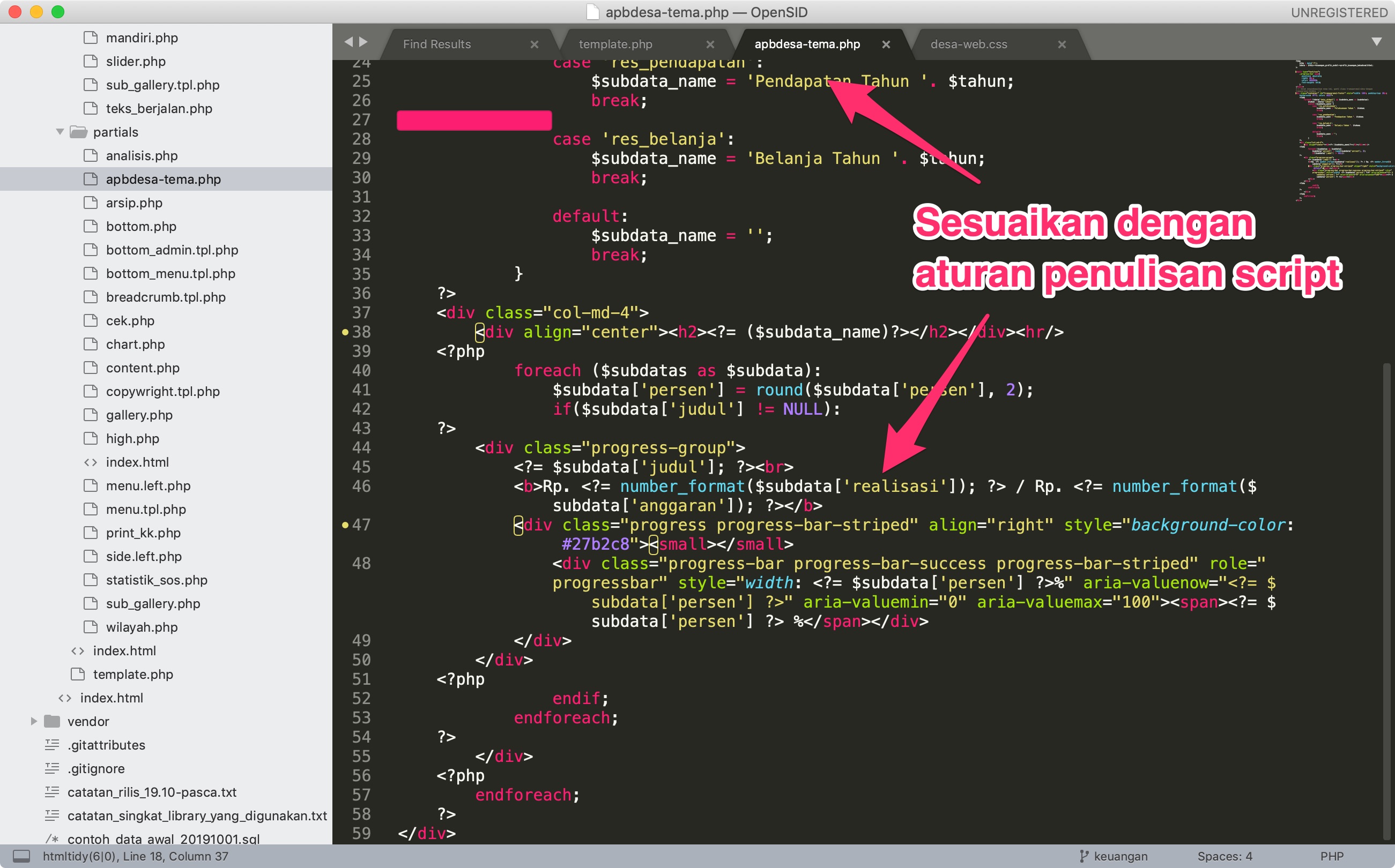 [keuangan] Script apbdesa-tema.php tidak sesuai aturan penulisan ...