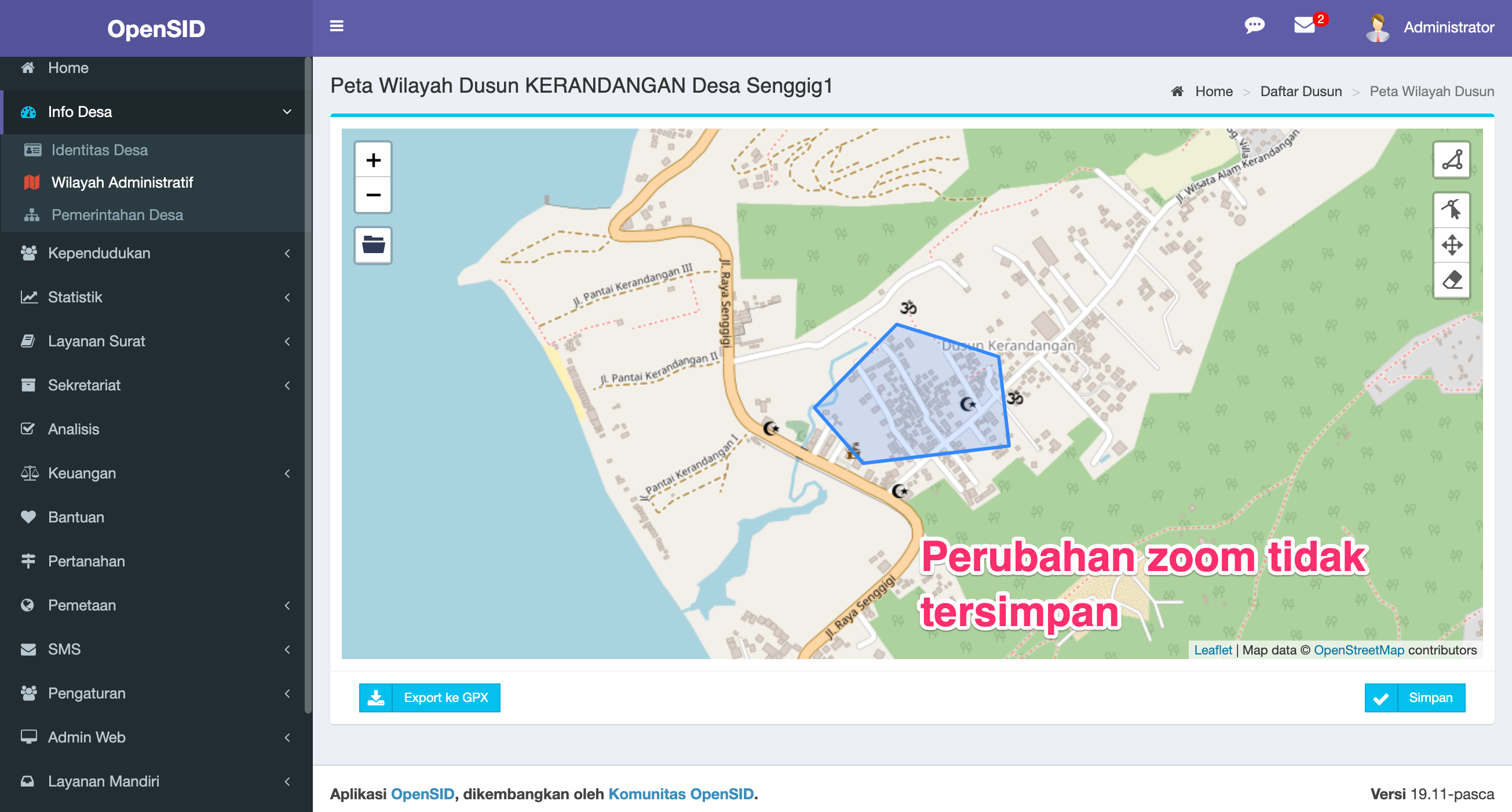 Perubahan zoom untuk peta wilayah desa/dusun/rw/rt perlu tersimpan ...