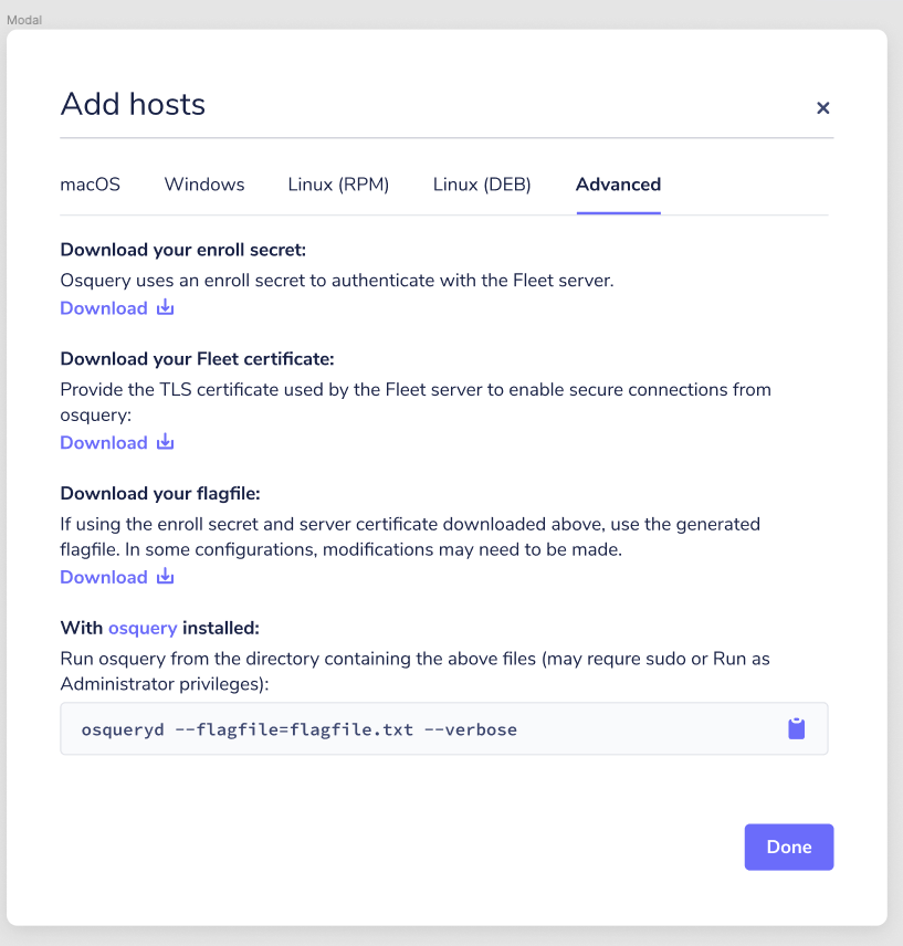 Add "Advanced" tab and update title of the "Add hosts" modal · Issue #3881 · fleetdm/fleet · GitHub