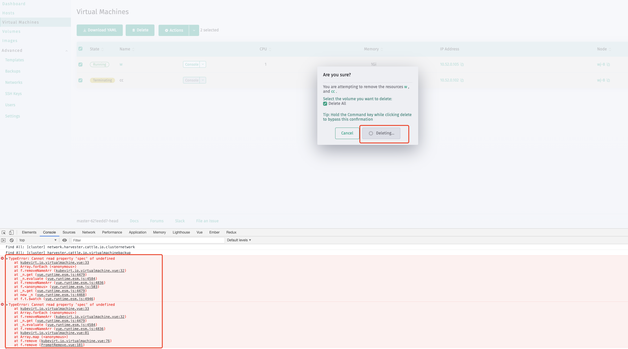 [BUG] Delete vmi and vm error at the same time · Issue #678 · harvester/harvester · GitHub