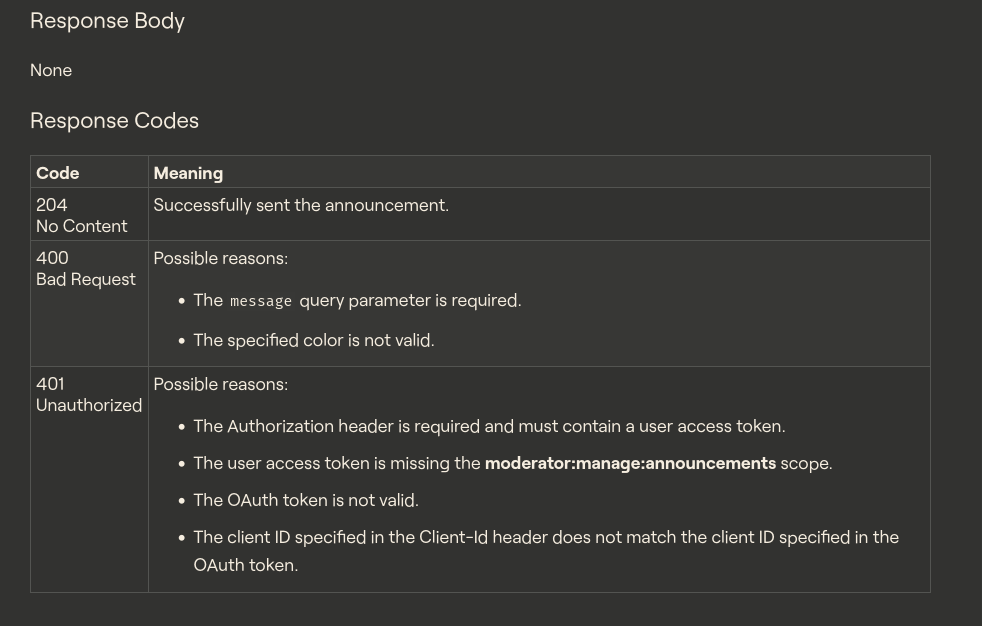Documentation for Send Chat Announcement helix endpoint doesn't mention 403 status · Issue #661 ...