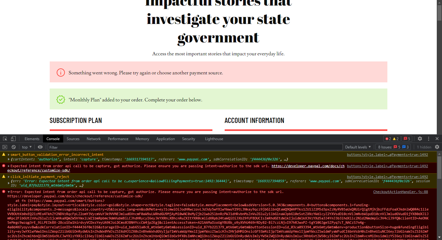 Expected intent from order api call to be capture, got authorize. Please ensure you are passing ...