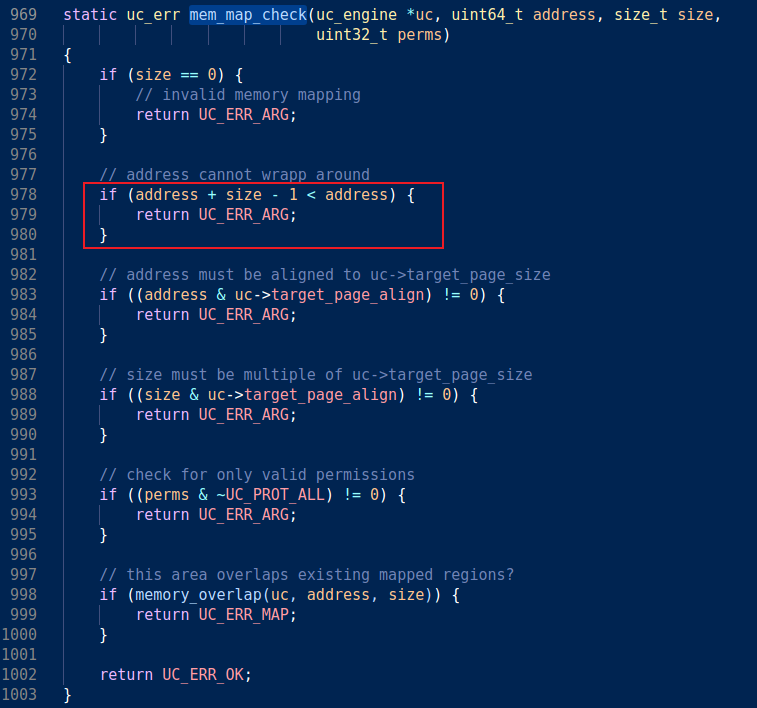 Integer overflow in memory check · Issue #1590 · unicorn-engine/unicorn · GitHub