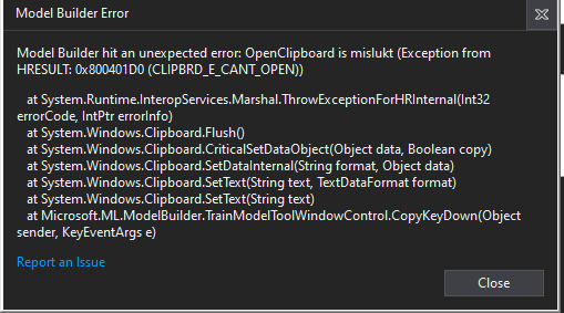 Clipboard copy error · Issue #399 · dotnet/machinelearning-modelbuilder · GitHub