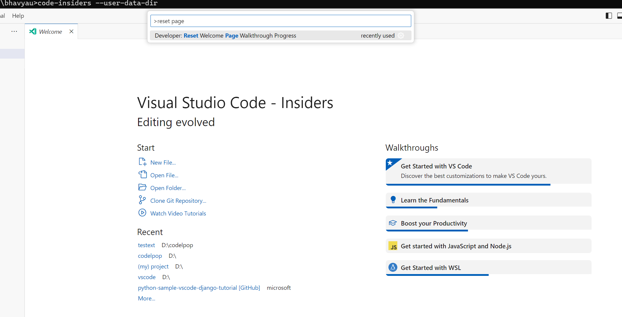 Getting Started: Reset Progress command doesn't exist? · Issue #166998 · microsoft/vscode · GitHub