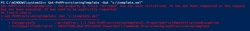Get-PnPProvisioningTemplate returns "The property or field 'StringId' has not been initialized ...