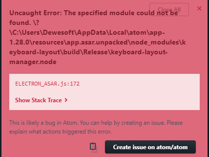 Uncaught Error: The specified module could not be found. \?\C:\Users\Dewesoft\AppData\Local\atom ...