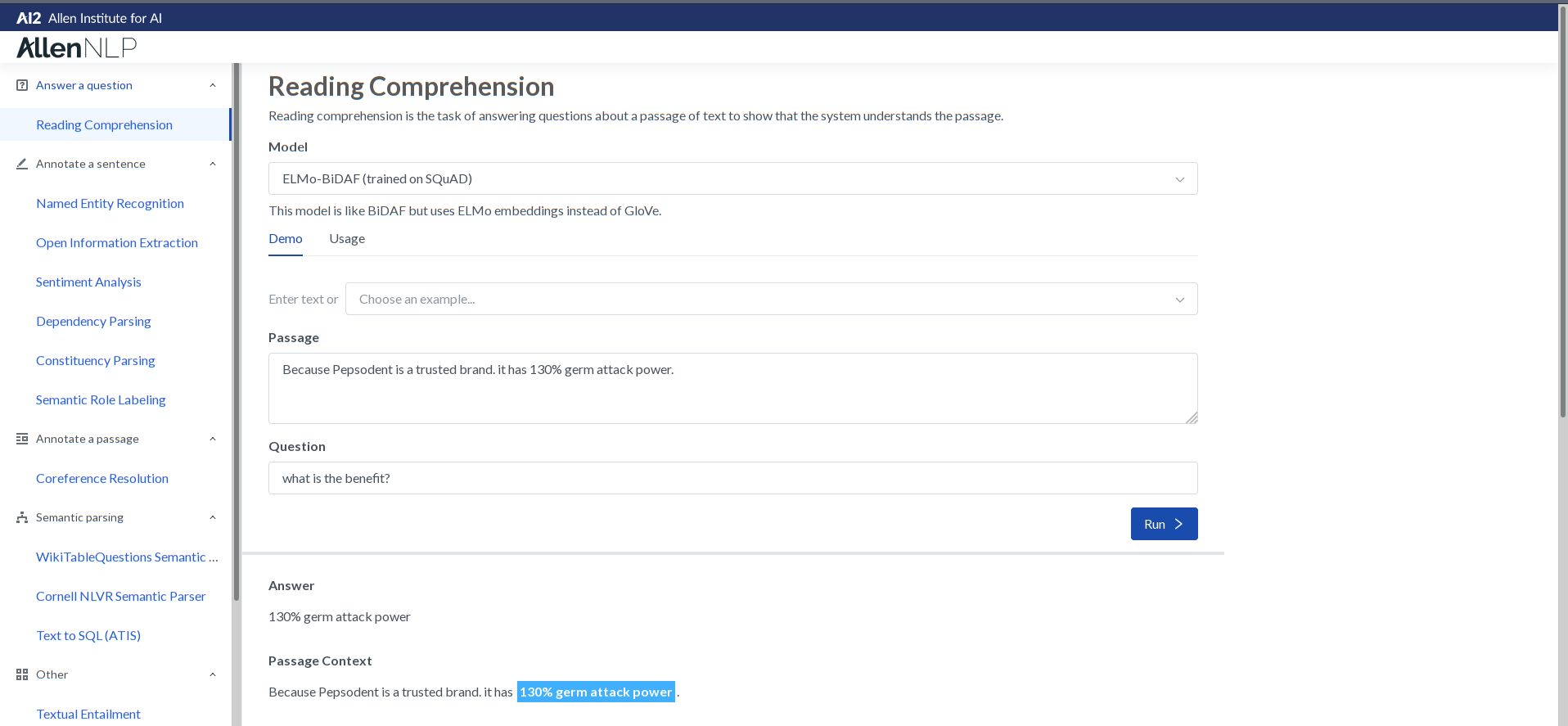 Inconsistency in answers generated by ELMo-Bidaf( trained on SQuAD) Demo and downloaded · Issue ...