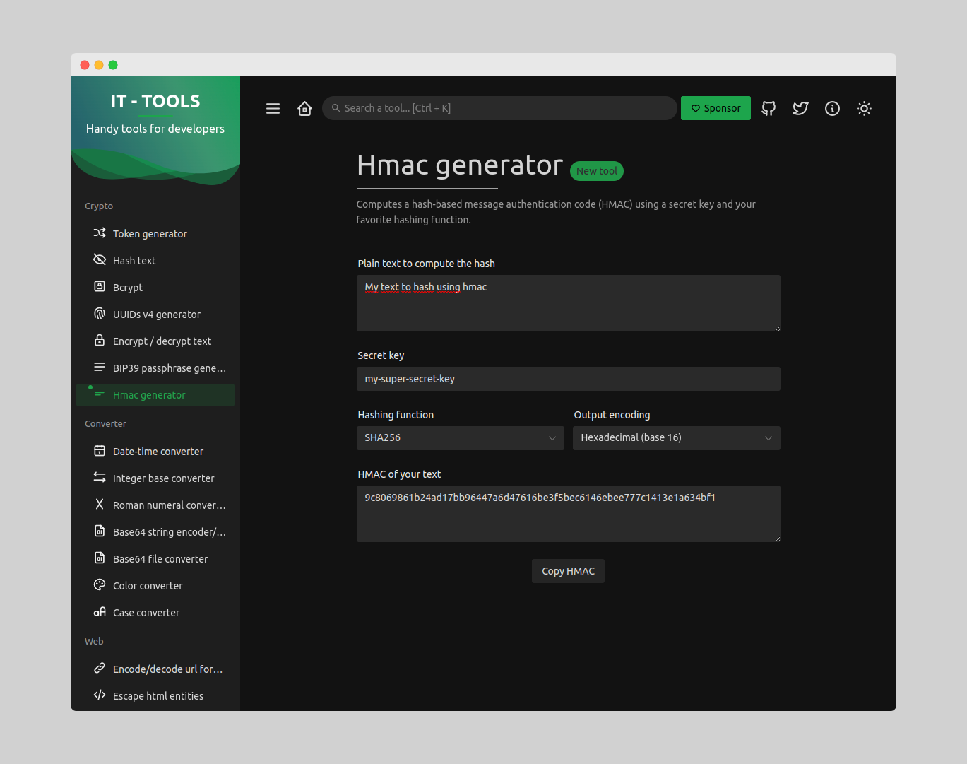 [FEAT] Crypto > HMAC Generator · Issue #250 · CorentinTh/it-tools · GitHub