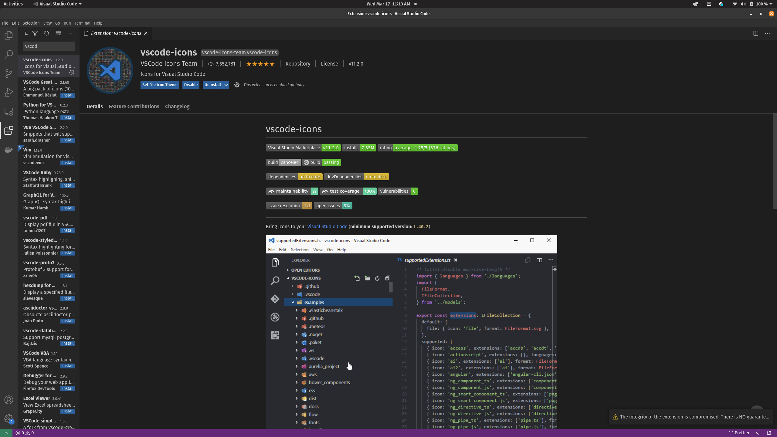 Getting a warning "The integrity of the extension is compromised ...