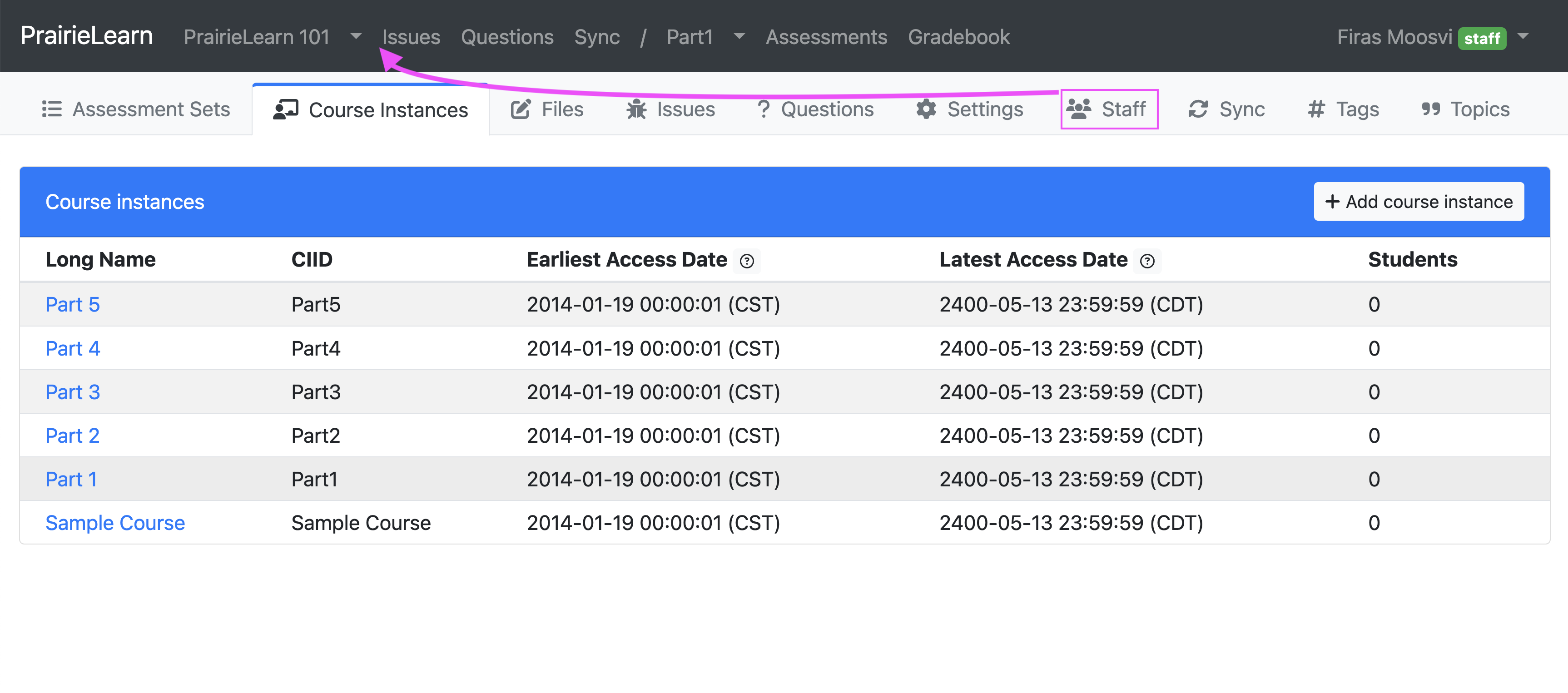 Staff page should be accessible via the primary (black) nav bar (similar to Questions, Issues ...