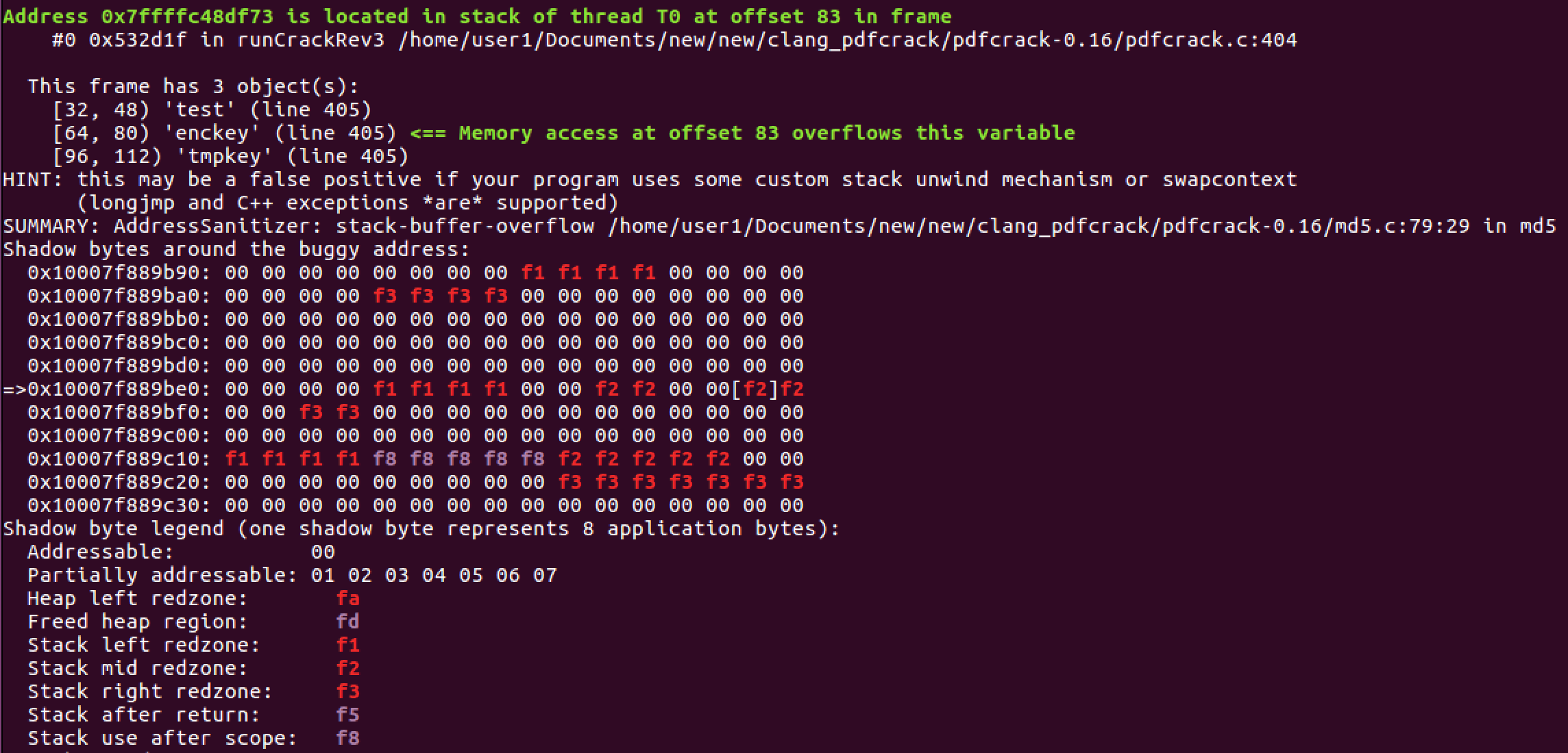 stack-buffer-overflow in runCrackRev3 > md5 · Issue #1 · robins/pdfcrack · GitHub