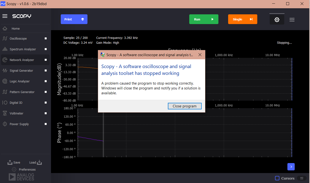 Scopy crashes when stopping Network Analyzer · Issue #667 · analogdevicesinc/scopy · GitHub