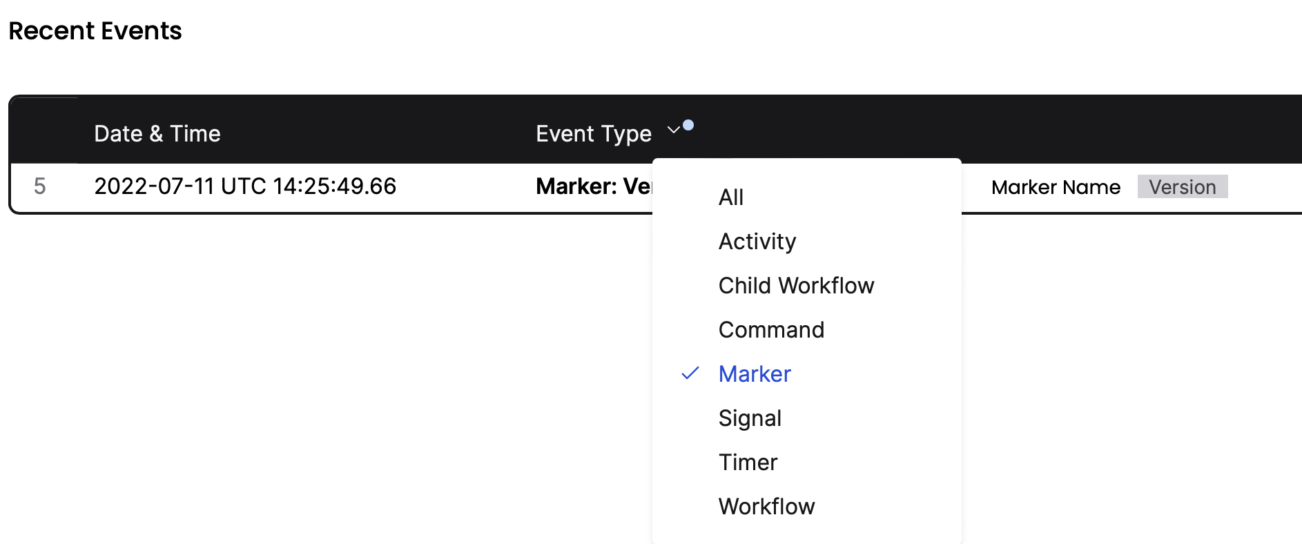 Event filter dropdown does not include marker recorded events · Issue #584 · temporalio/ui · GitHub