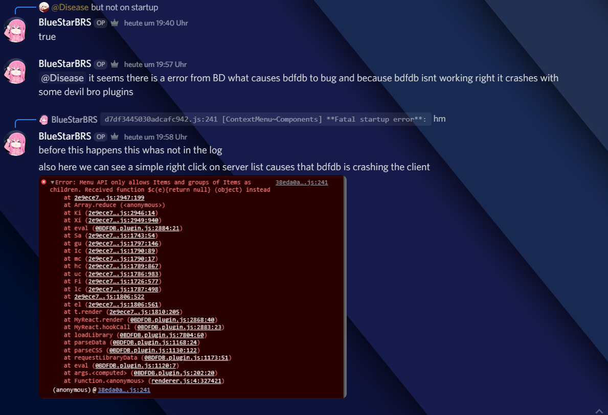[BDFDB causes right click context menu entires dont apper and causes crashes on right click on ...