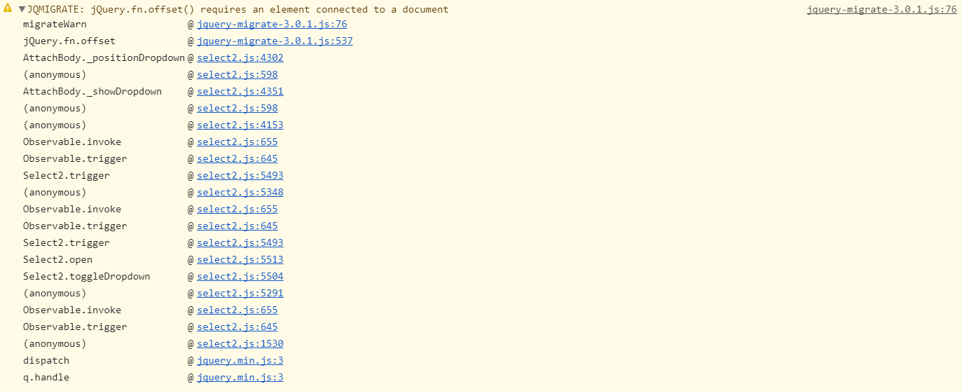 "jQuery.fn.offset() requires an element connected to a document" when using jquery-migrate to ...