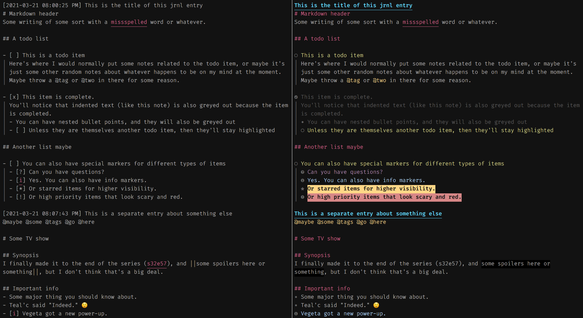 GitHub - austintraver/vim-jrnl: Syntax for jrnl files in vim