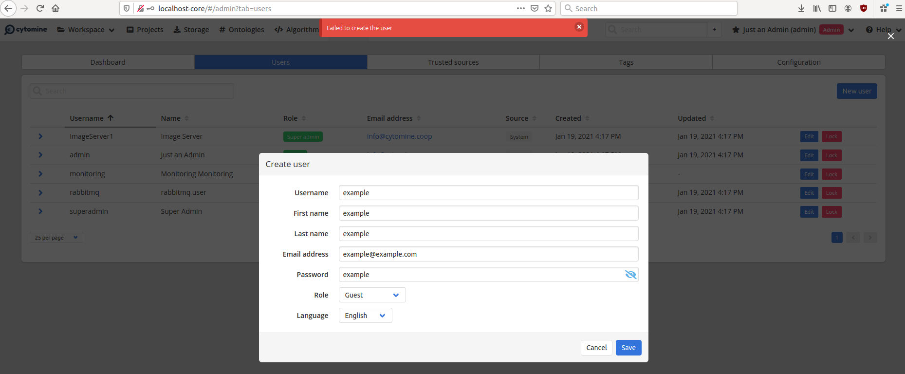 Localhost installation - failed to create new user · Issue #32 · cytomine/Cytomine-bootstrap ...