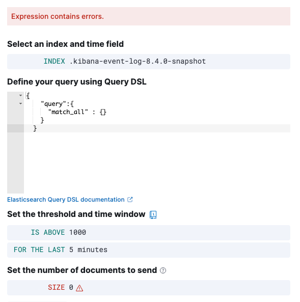 [ResponseOps] elasticsearch query rule type allows SIZE: 0, but flags as error on re-edit ...