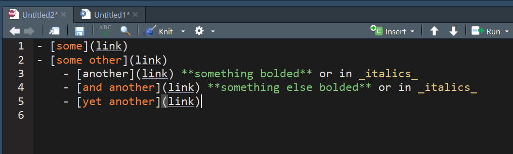 Syntax highlighting for links doesn't work on first item in an indented ...