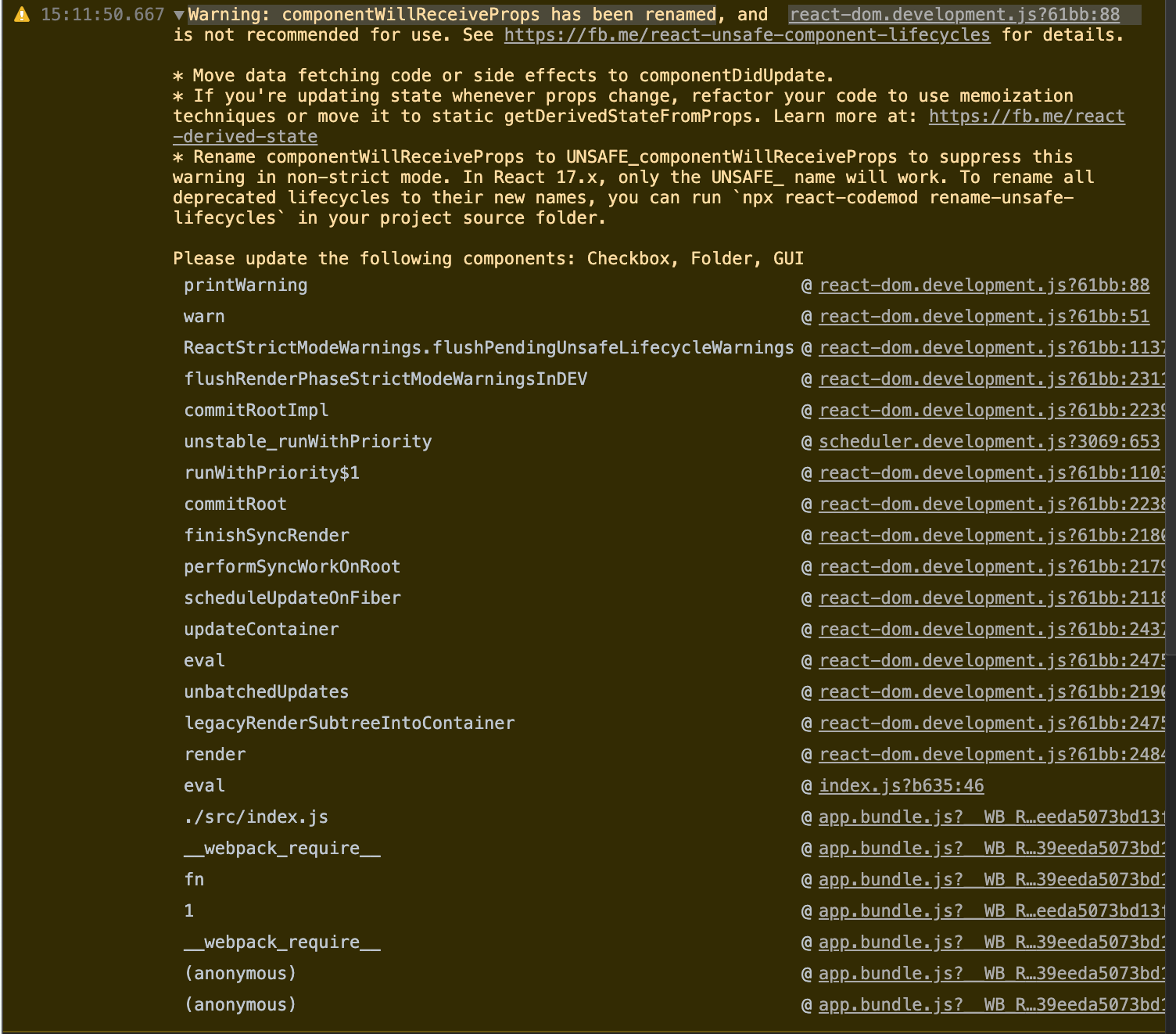 Bug: can't inspect well react warnings for `componentWillReceiveProps has been renamed` · Issue ...