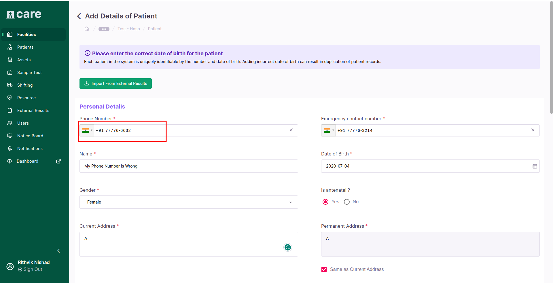 Missing Proper Validation For Phone Number In Patient Registration Form 