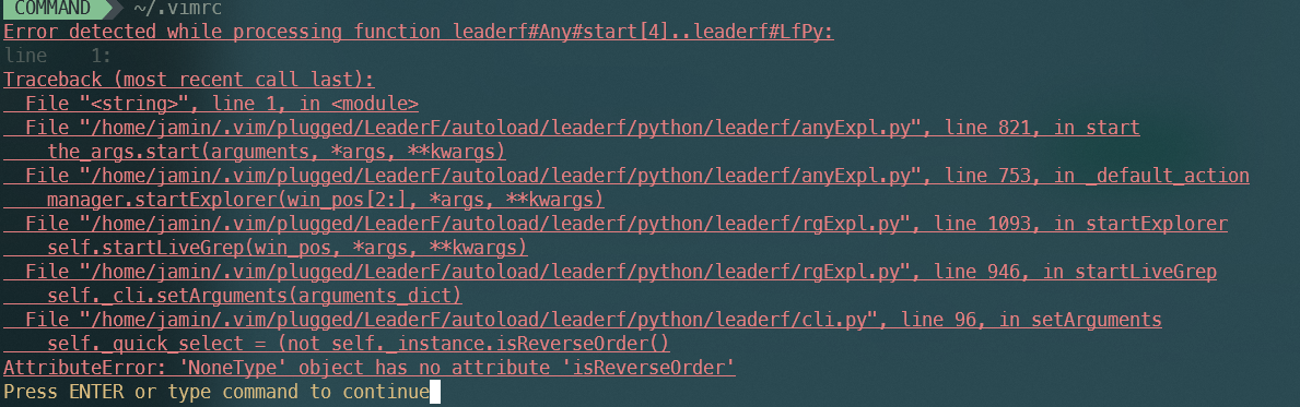 Leaderf rg --live mode dosen't work, error 'NoneType' object has no attribute 'isReverseOrder ...