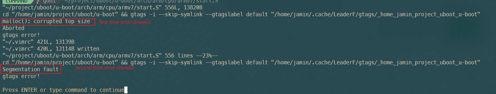 gtags error! when I tried to update database manually as it can't update automatically when I ...