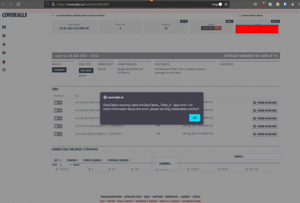 GitHub Actions parallel webhook fails, DataTables warning · Issue #1573 · lemurheavy/coveralls ...