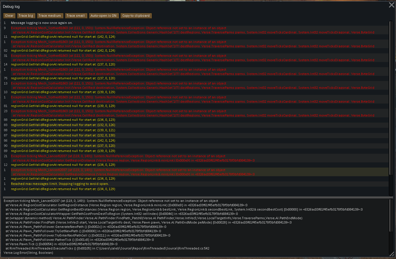 (1.3.1) Exception ticking, System.NullReferenceException, regionGrid is null for map: Map-0 ...