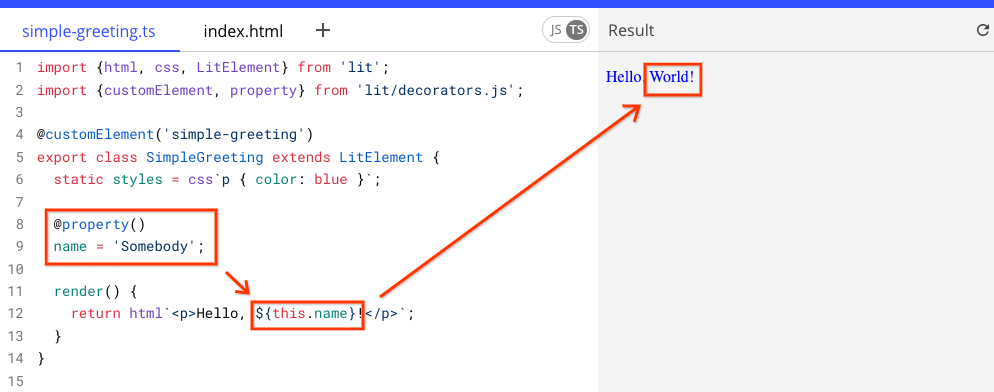 The `name` reactive property at https://lit.dev/playground has unexpected and possibly ...