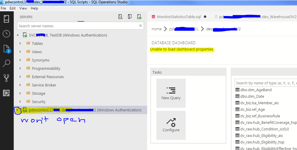 Database Dashboard and Object Explorer won't open when connecting to APS/PDW · Issue #840 ...