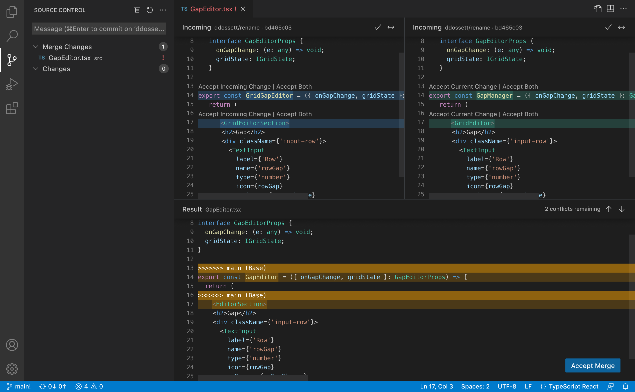 Explore alternate interaction model for merge editor · Issue #160829 · microsoft/vscode · GitHub