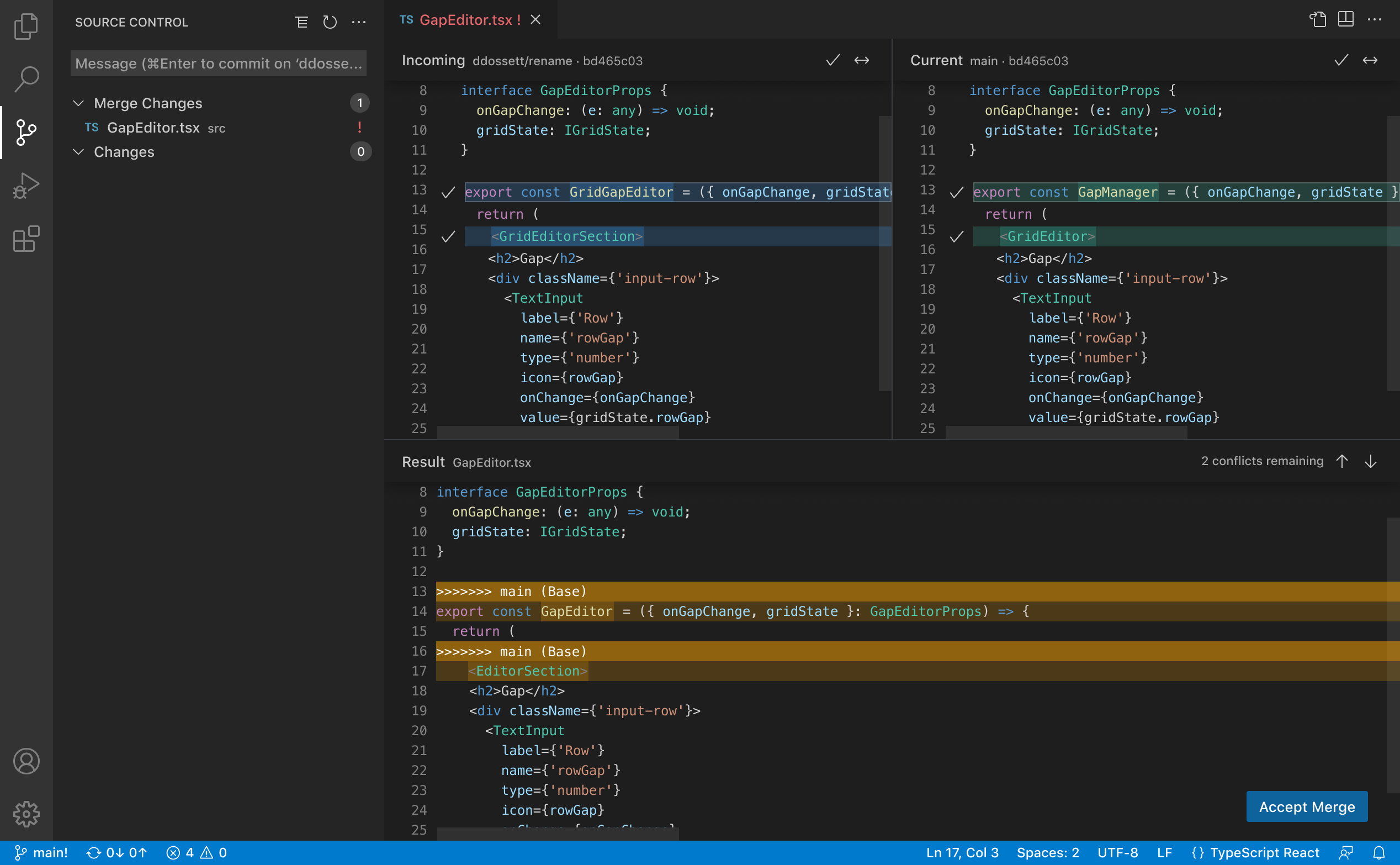 Explore alternate interaction model for merge editor · Issue #160829 · microsoft/vscode · GitHub